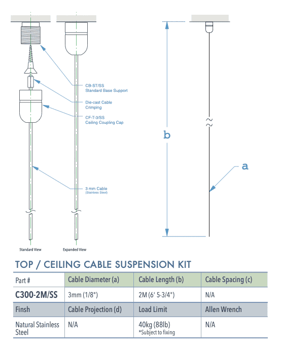 3mm Stainless Steel Cable Suspension Kit with Ceiling Fixing