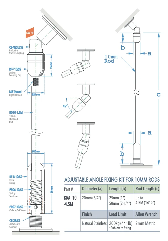 Ceiling-to-Floor Adjustable Fixing Kit with Rods | 4.5M (14’ 9”) Long