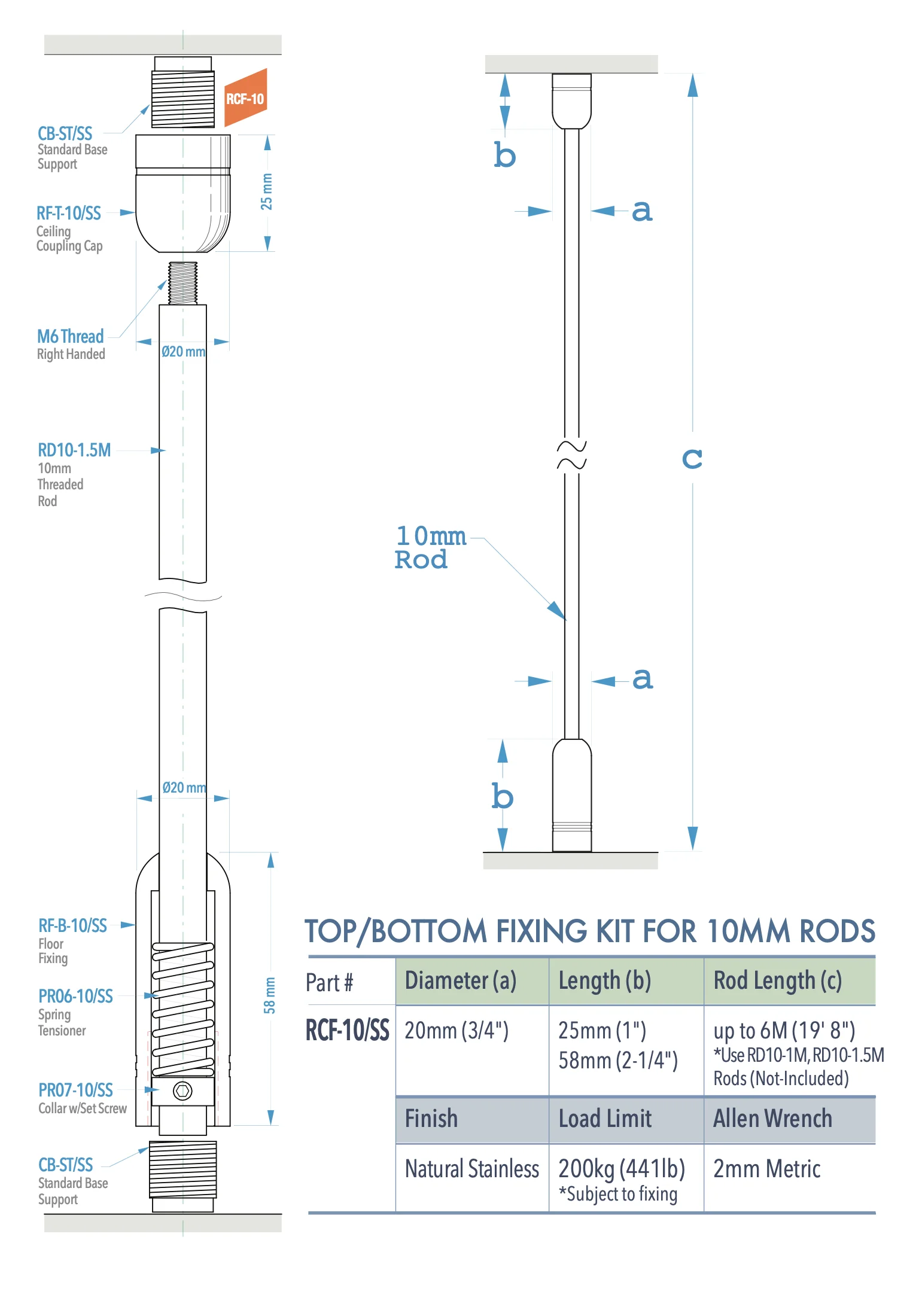 Ceiling-to-Floor Fixing Kit for 10mm (3/8") Dia. Rod Display System